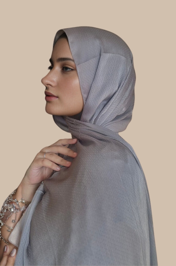 Satin Silk Textured Hijab - Bright Silver – Mawdeest